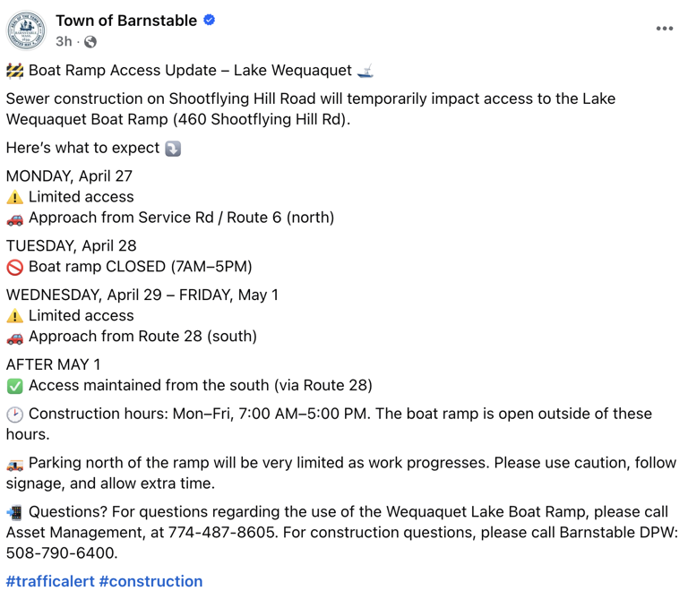 Barnstable sewer work disrupts boat ramp access: Daily breakdown & detours