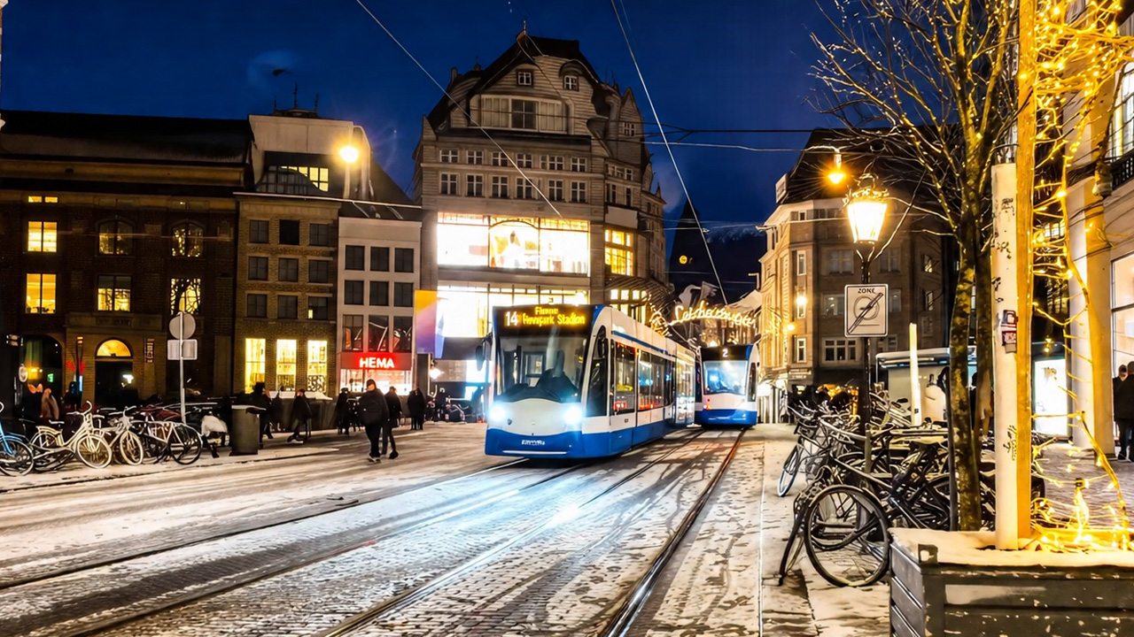 Amsterdam night lights with tram passing through