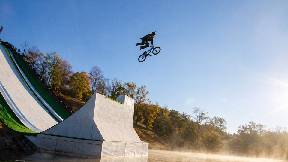 Slip-and-slide laat krachtige lancering vanaf een schans zien