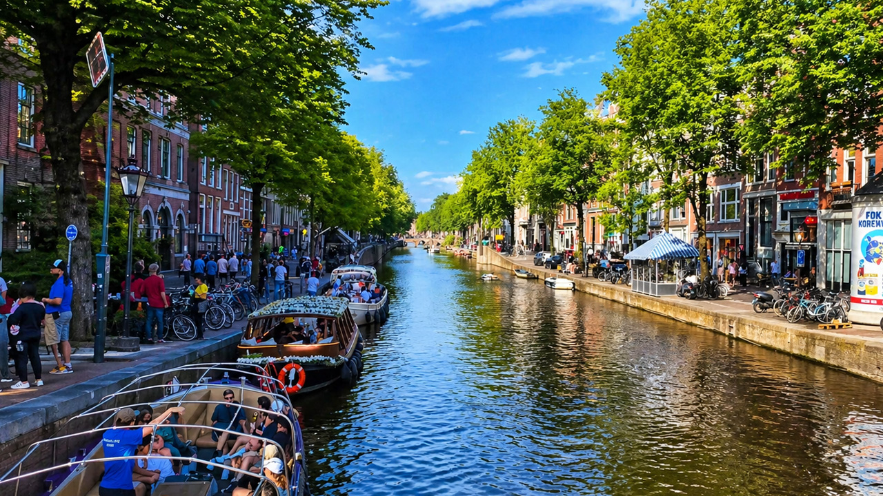 Eine lebhafte Kanalszene im Herzen von Amsterdam