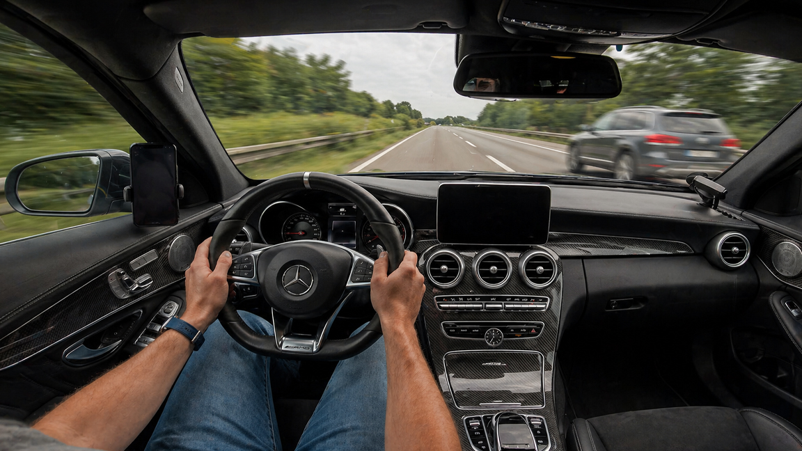 Tuned Mercedes AMG C63 S pushed on an open Autobahn road