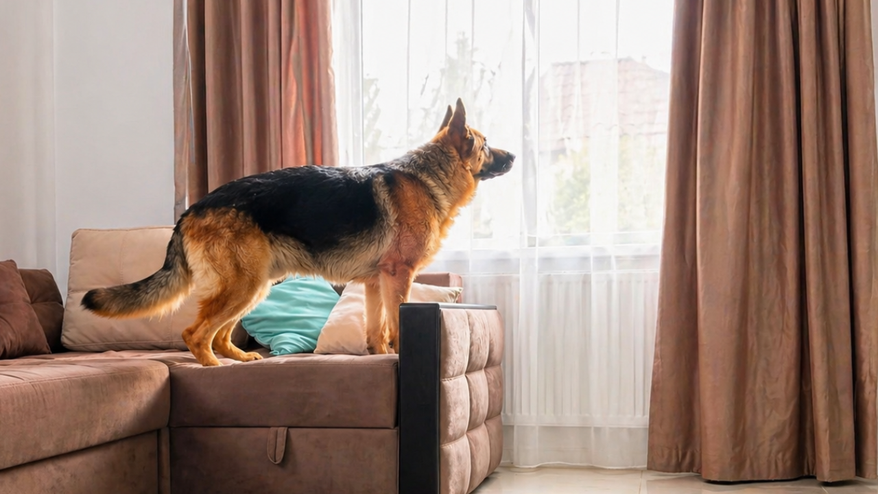 Verstoppen achter het gordijn voor mijn Duitse herder