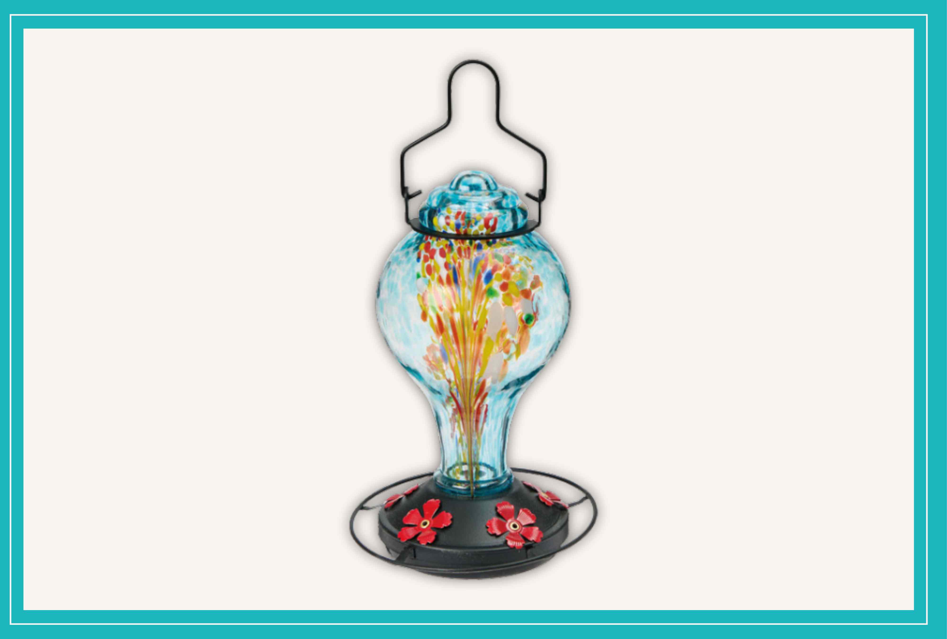 This gorgeous $10 ALDI hummingbird feeder reminds us of Chihuly glass