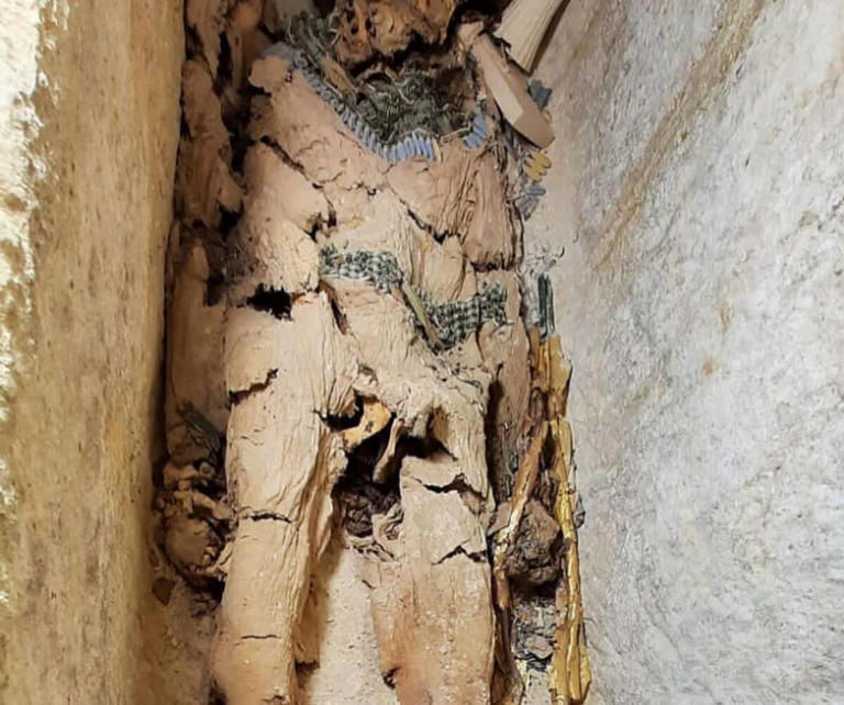 Archaeologists uncover a sealed tomb with a gold-covered mummy at the ...
