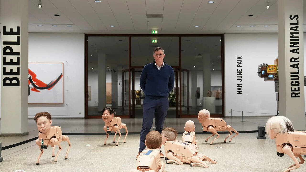 Robot dogs featuring Musk and Zuckerberg heads unveiled in Berlin exhibit