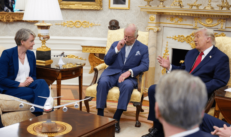 Yvette Cooper looks on as king left in stitches during Donald Trump ...