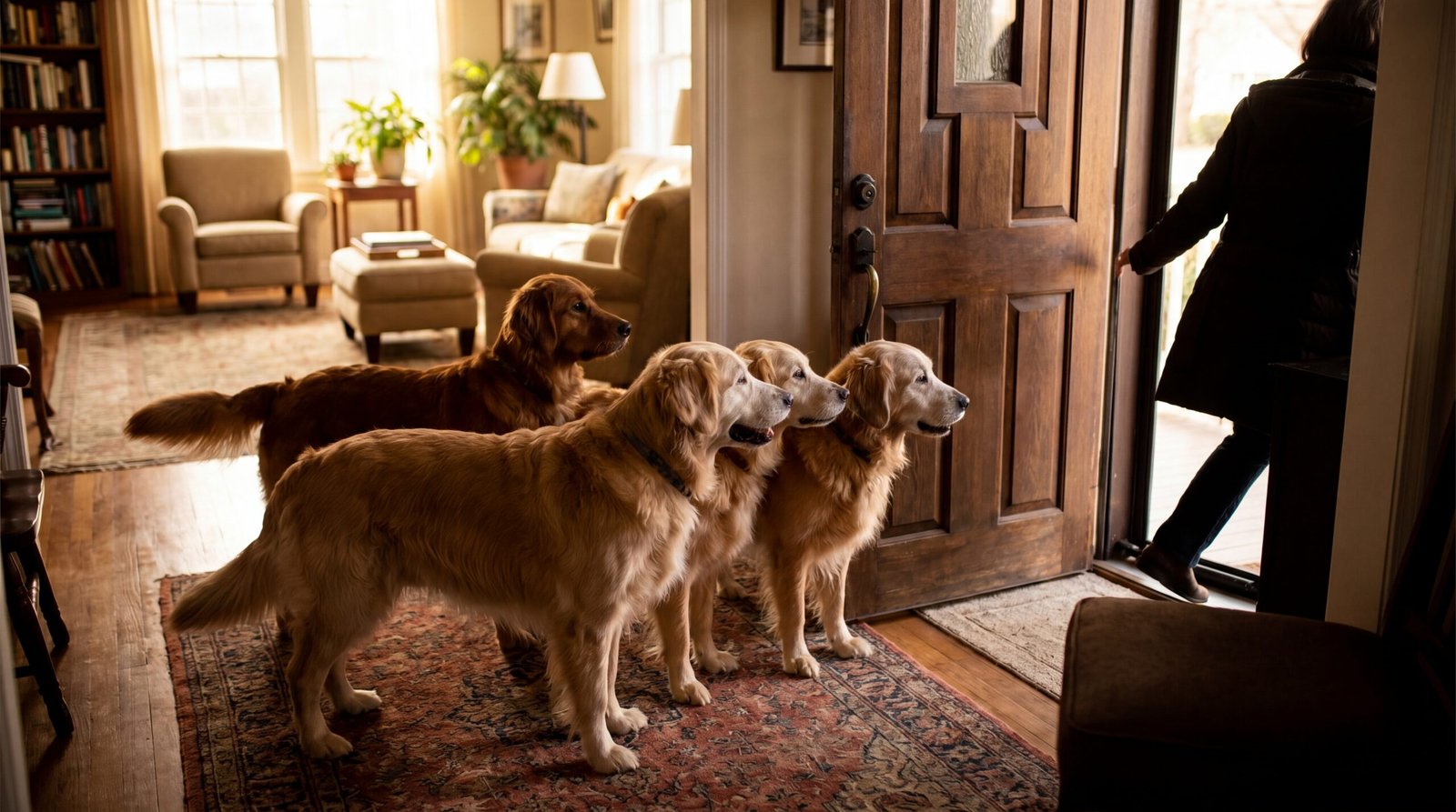 When four golden retrievers greet a stranger at the door