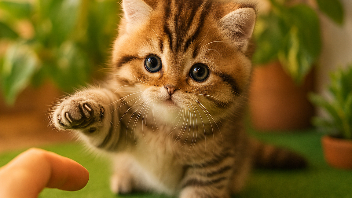 Kitten reaches out to touch finger
