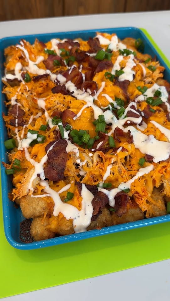 Buffalo chicken tater tots loaded cheesy bacon appetizer