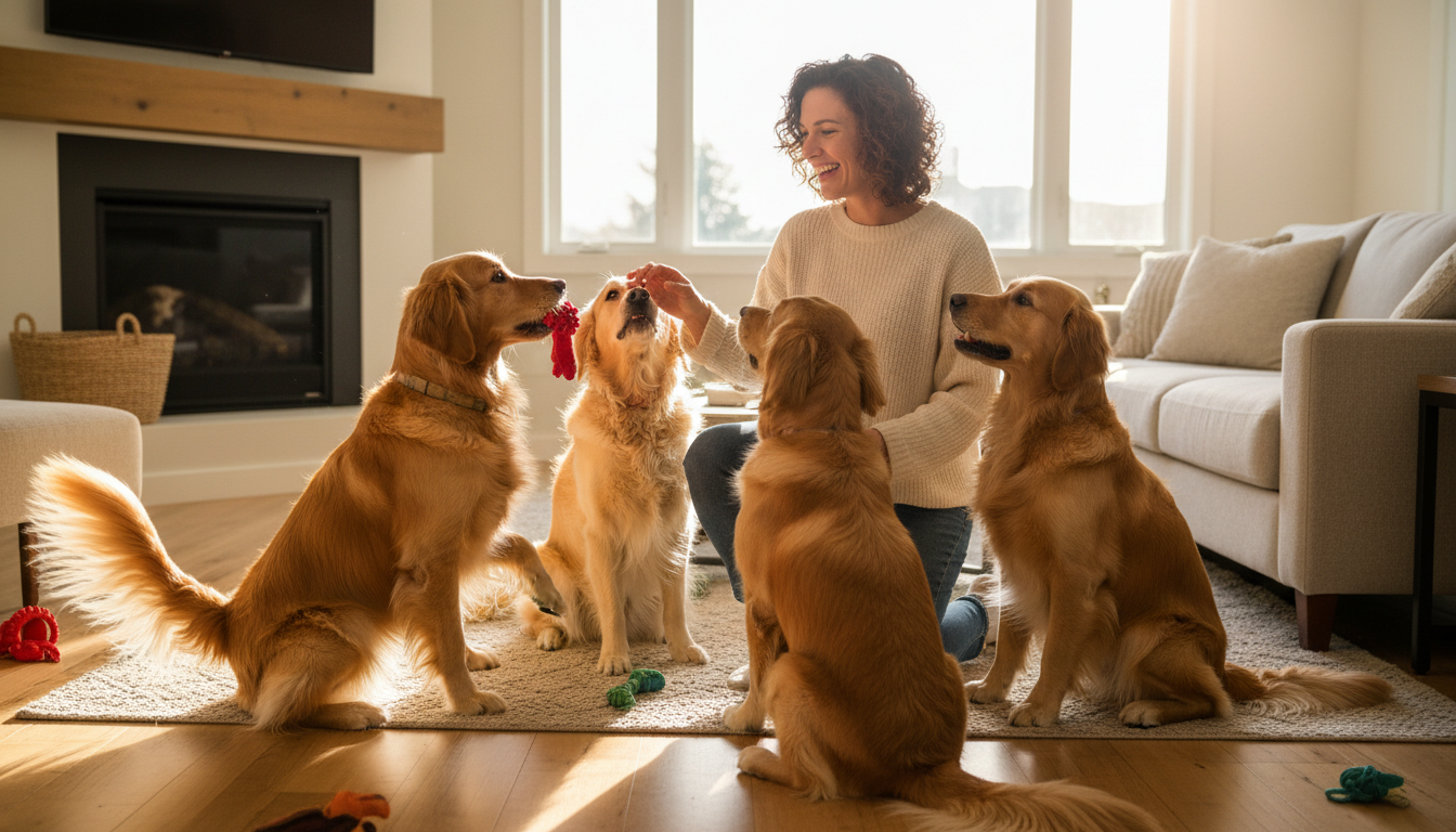 When four golden retrievers greet a stranger at the door