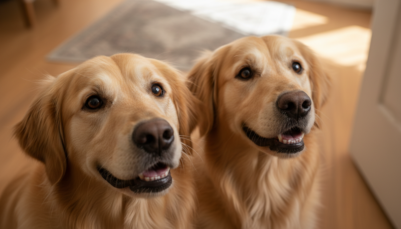 When four golden retrievers greet a stranger at the door