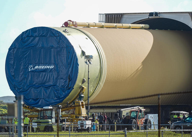 Artemis III rocket core stage arrives at NASA's Kennedy Space Center