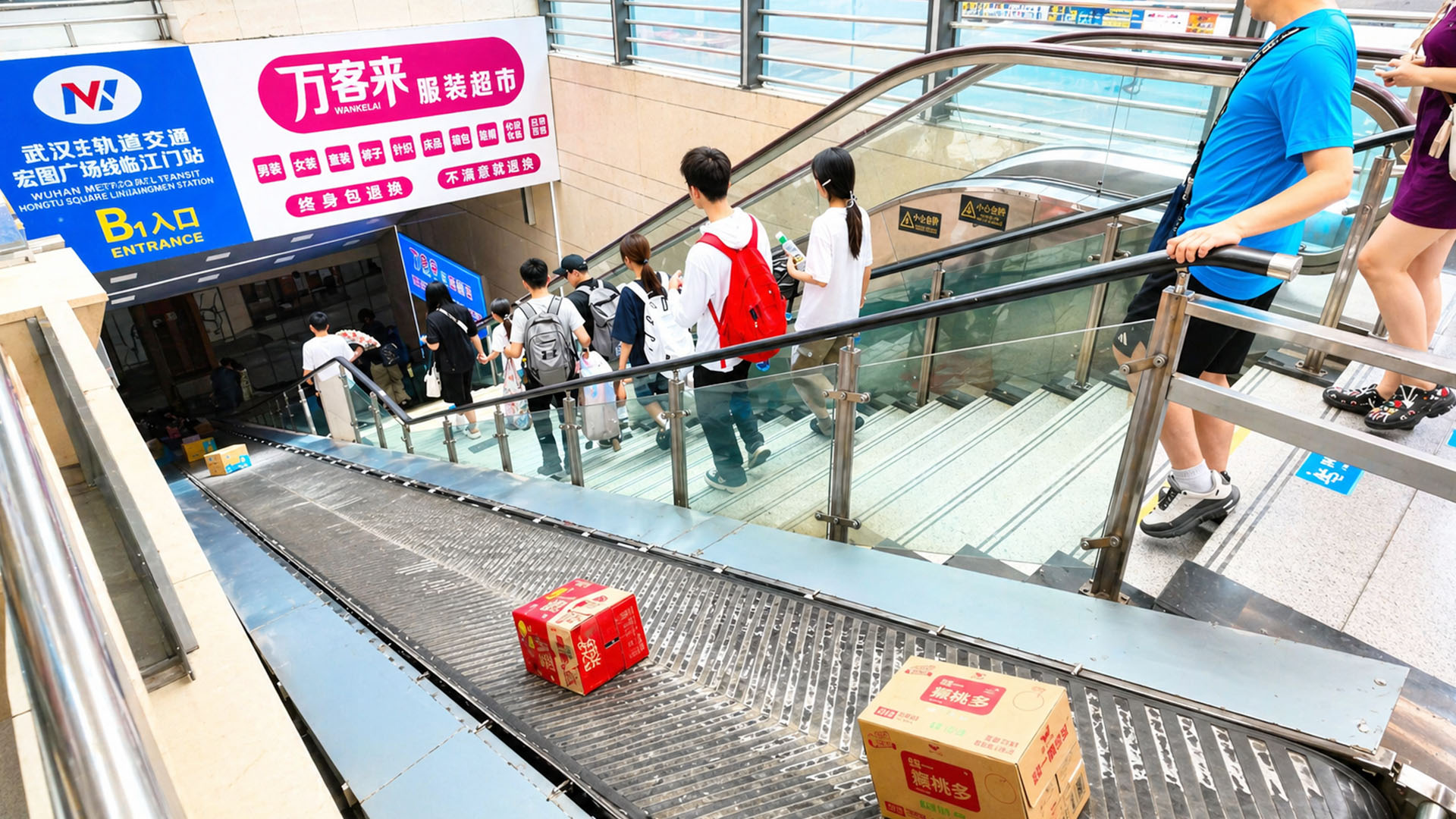 This busy escalator moves both people and goods into underground areas