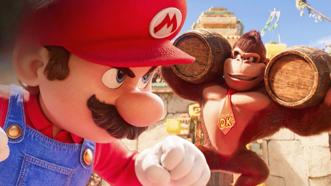 Mario fights Donkey Kong in the arena: The Super Mario Bros. Movie