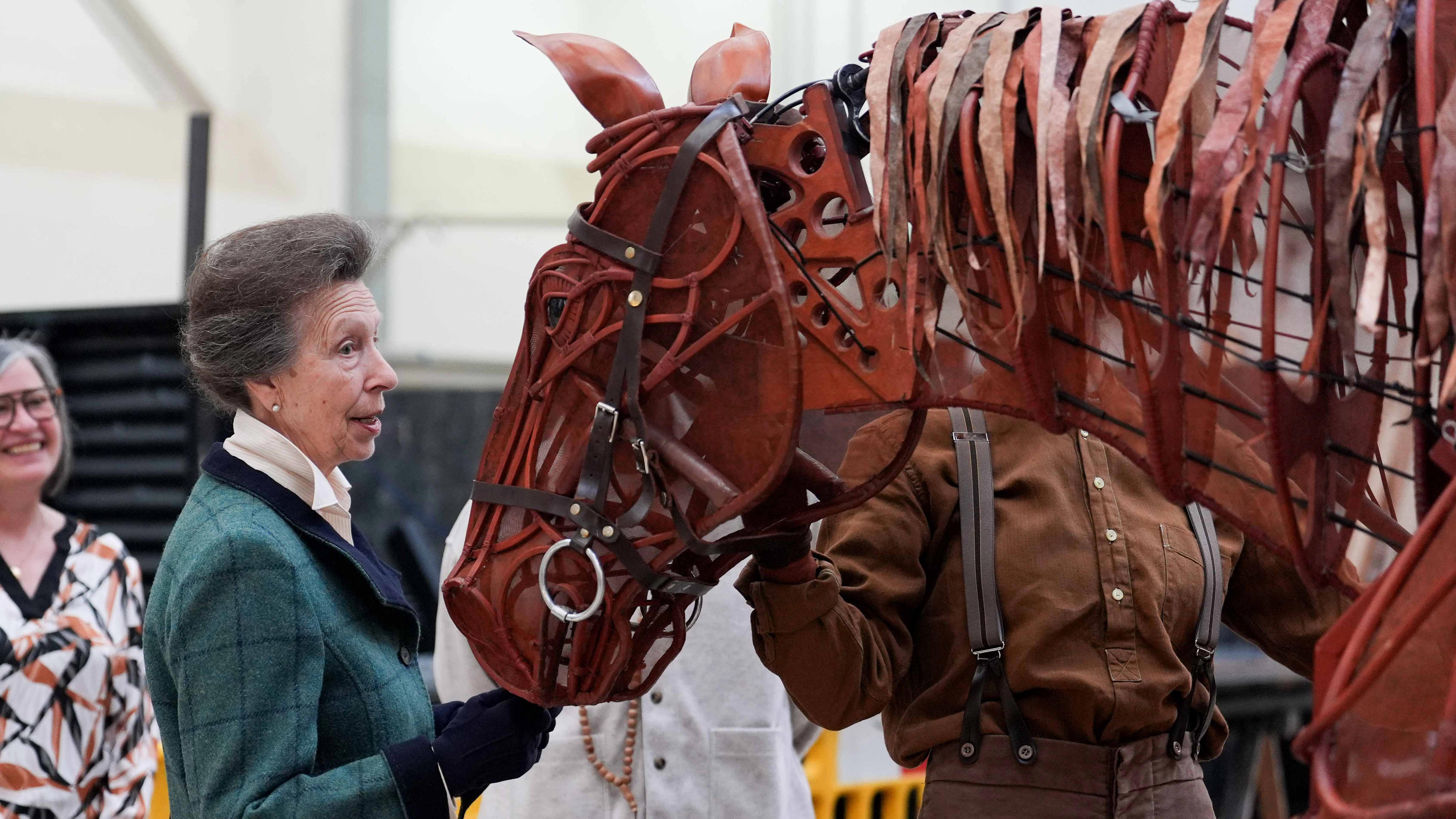 Princess Royal pats and jokes with puppet horse 'Joey' at National ...