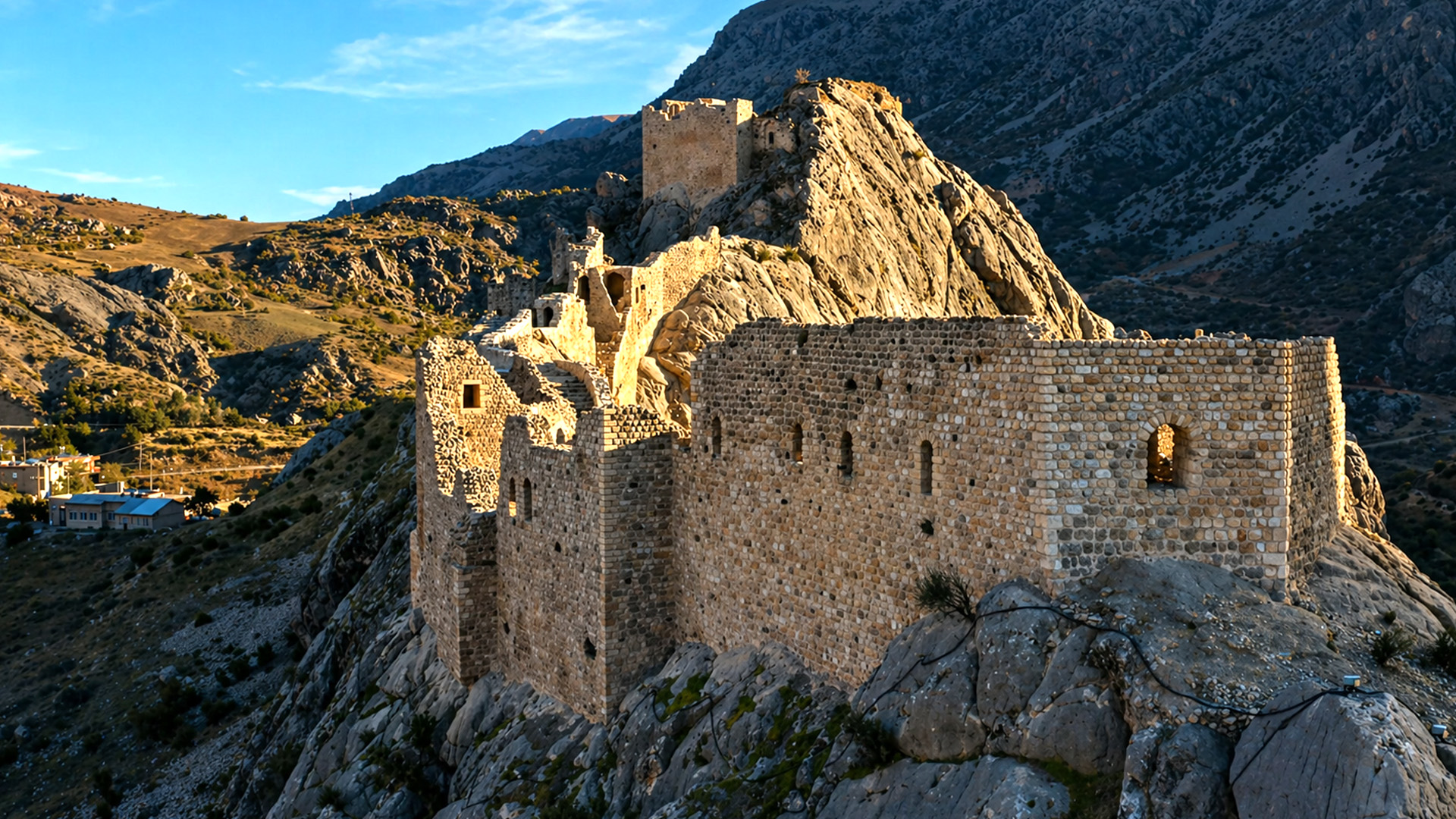 A cliffside fortress standing high above the mountains