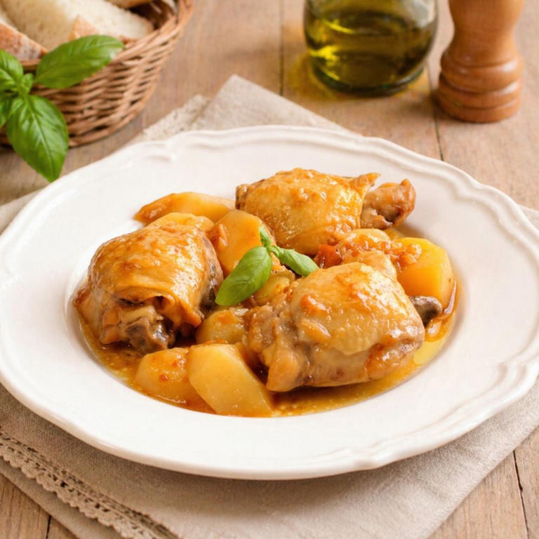 Μπουτάκια κοτόπουλου μαγειρευτά με πατάτες, ντομάτα και ταμπάσκο