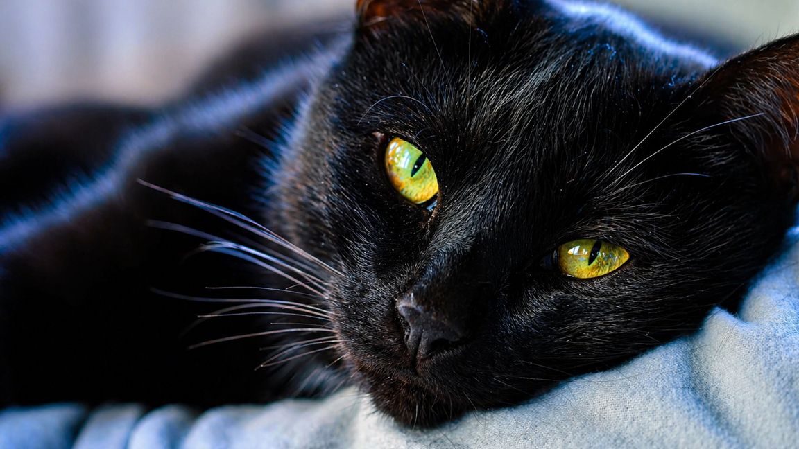 Ontspannen zwarte kat met scherpe gele ogen