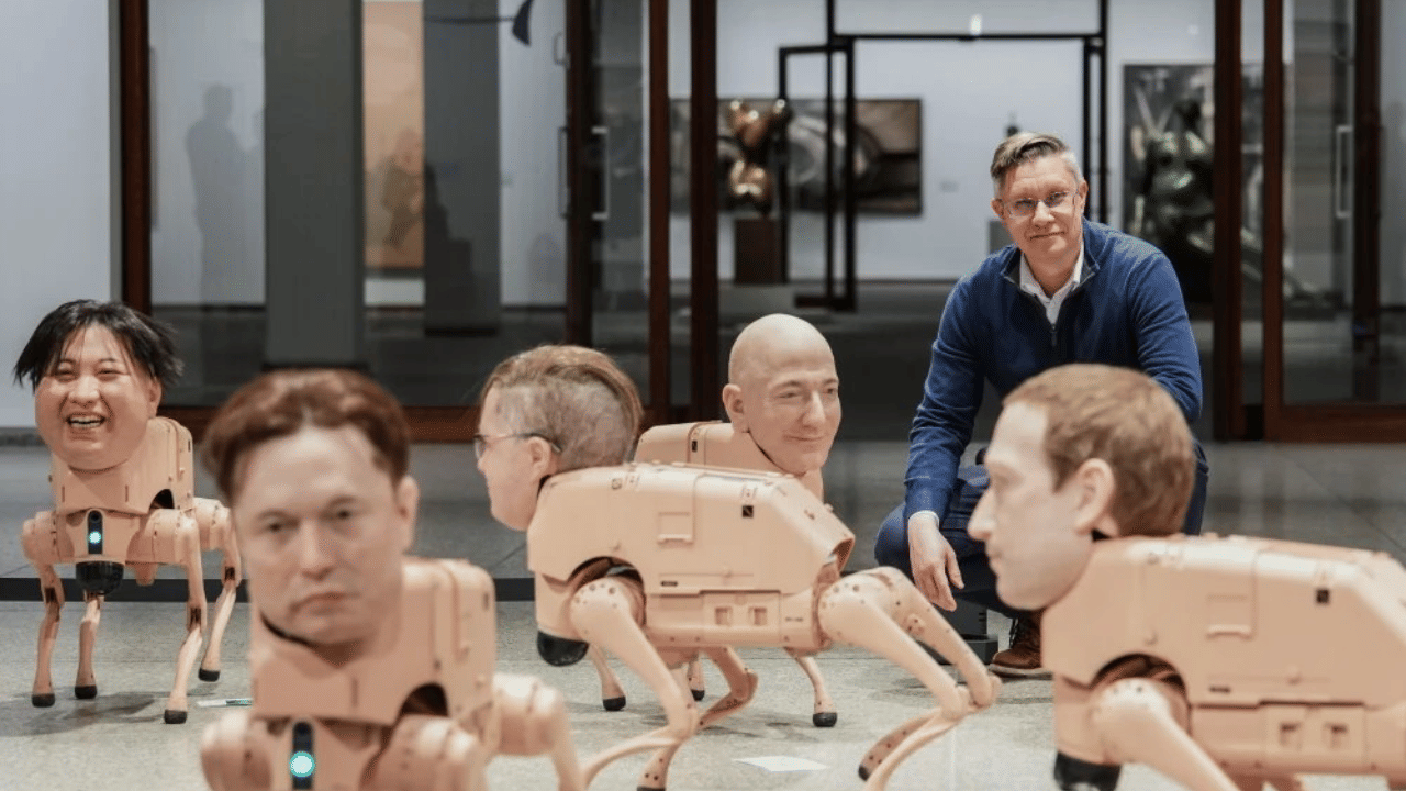 Robot dogs with Elon Musk and Mark Zuckerberg heads shock visitors at ...