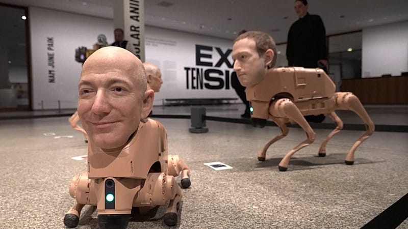 Watch: Robot dogs with Elon Musk and Bezos' faces are excreting AI art ...