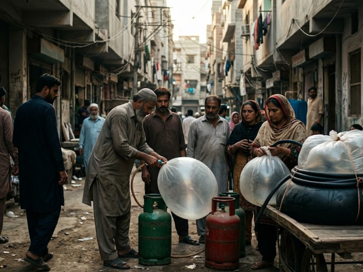 Pakistan residents store cooking gas in plastic balloons amid fuel shortage