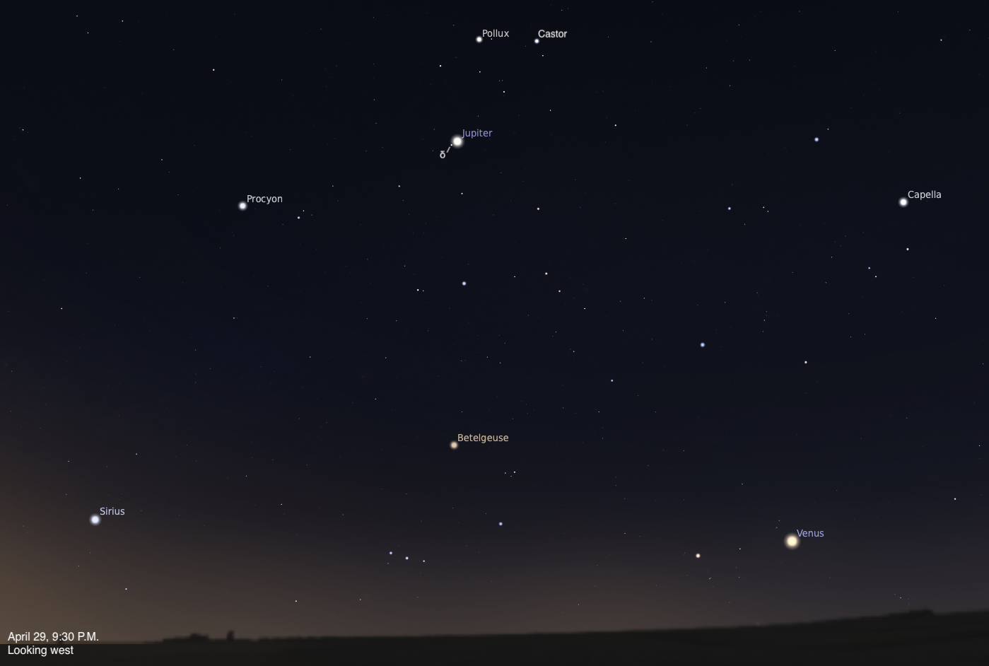 The sky today on Wednesday, April 29: Jupiter nudges up to Wasat