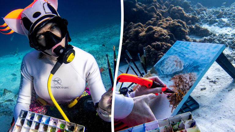 Artist in scuba gear paints underwater art that sells for up to £8.5k