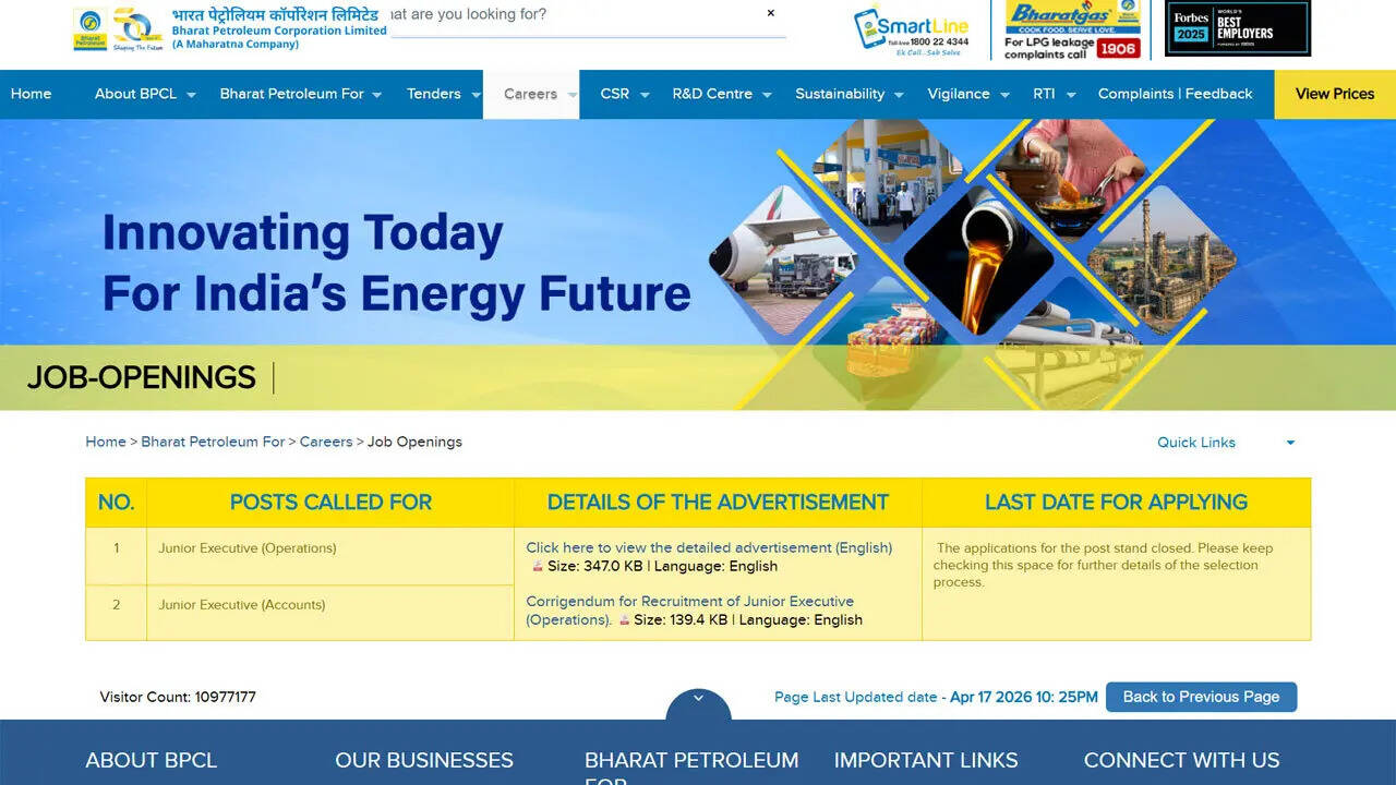 BPCL recruitment 2026 opens for engineering, accounts and QA vacancies ...