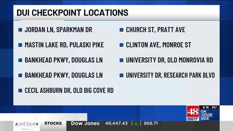 Huntsville police set DUI checkpoints Friday night across major roads