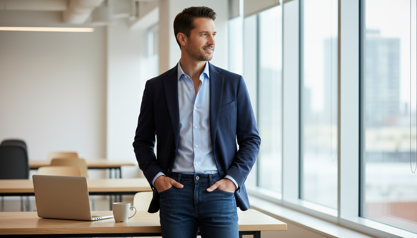 The rise of polished pull-on jeans for men