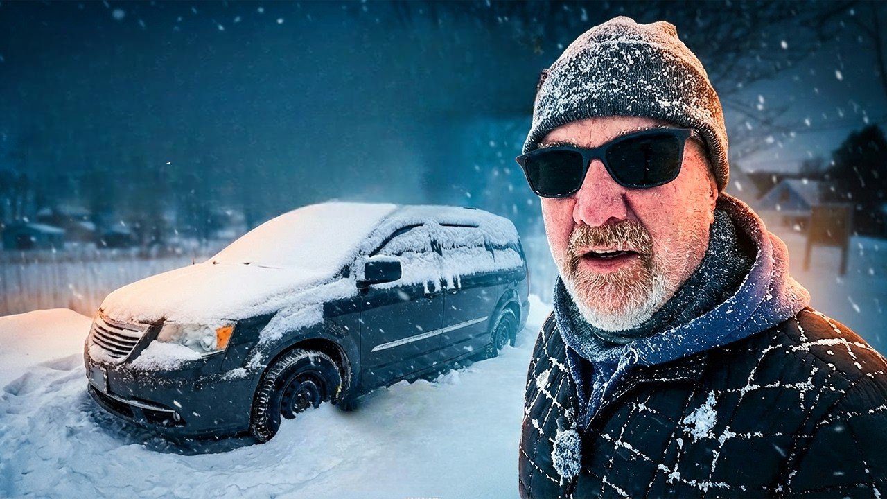 Minivan camping in Creemore after snowfall