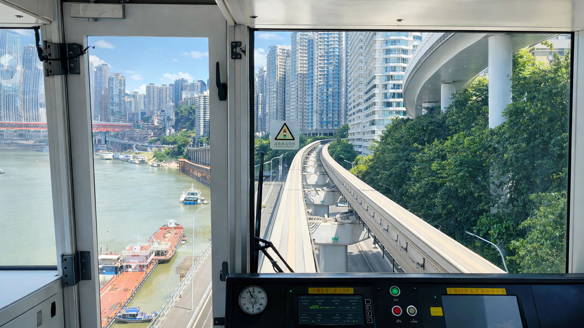 A train view in China that feels suspended between city and nature