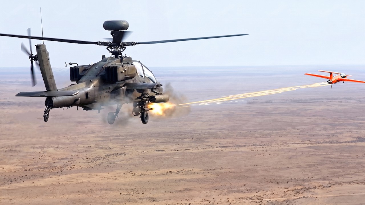 Skilled US AH-64 pilot shooting down dangerous drones with 30mm cannon