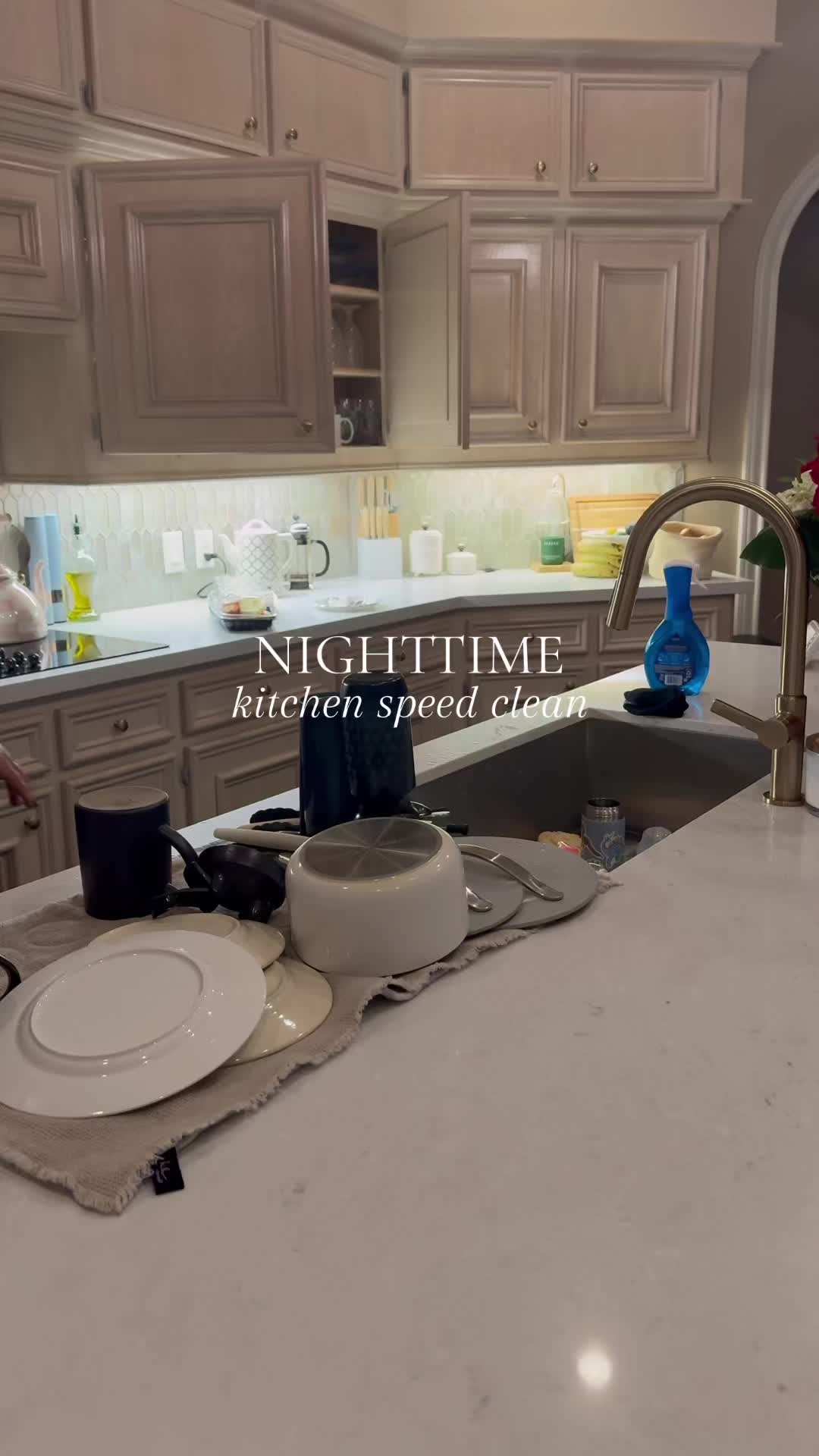 Nighttime kitchen speed clean up, dirty dishes, messy countertop ...