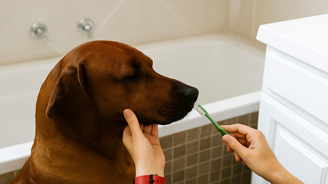 Dog stays calm during tooth brushing