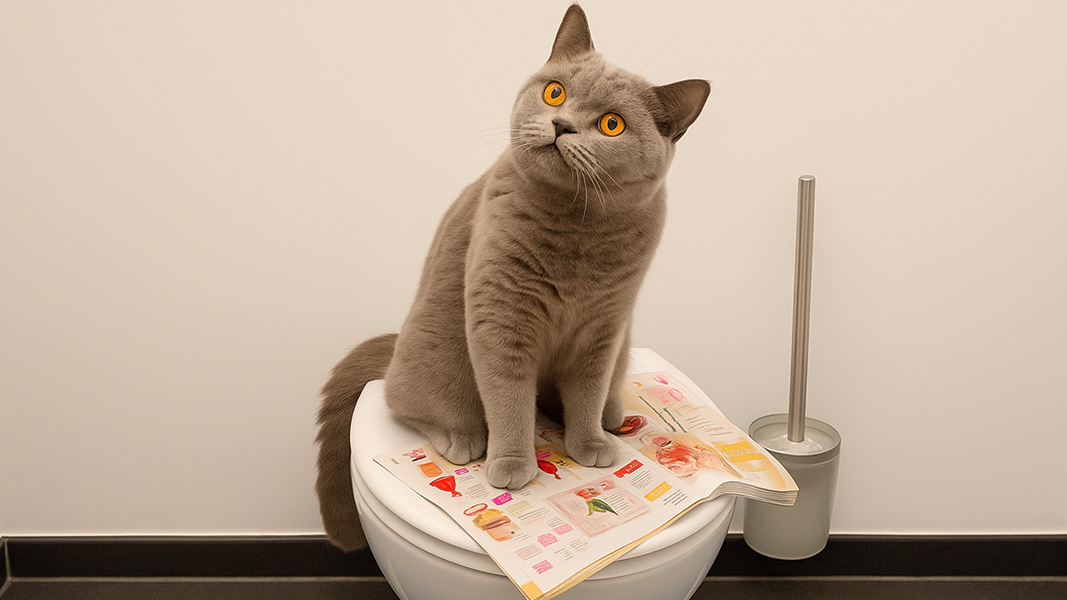Cat sits curiously on toilet seat