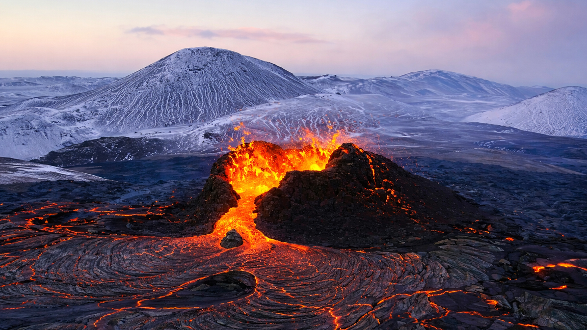 Explosión de lava entre montañas heladas