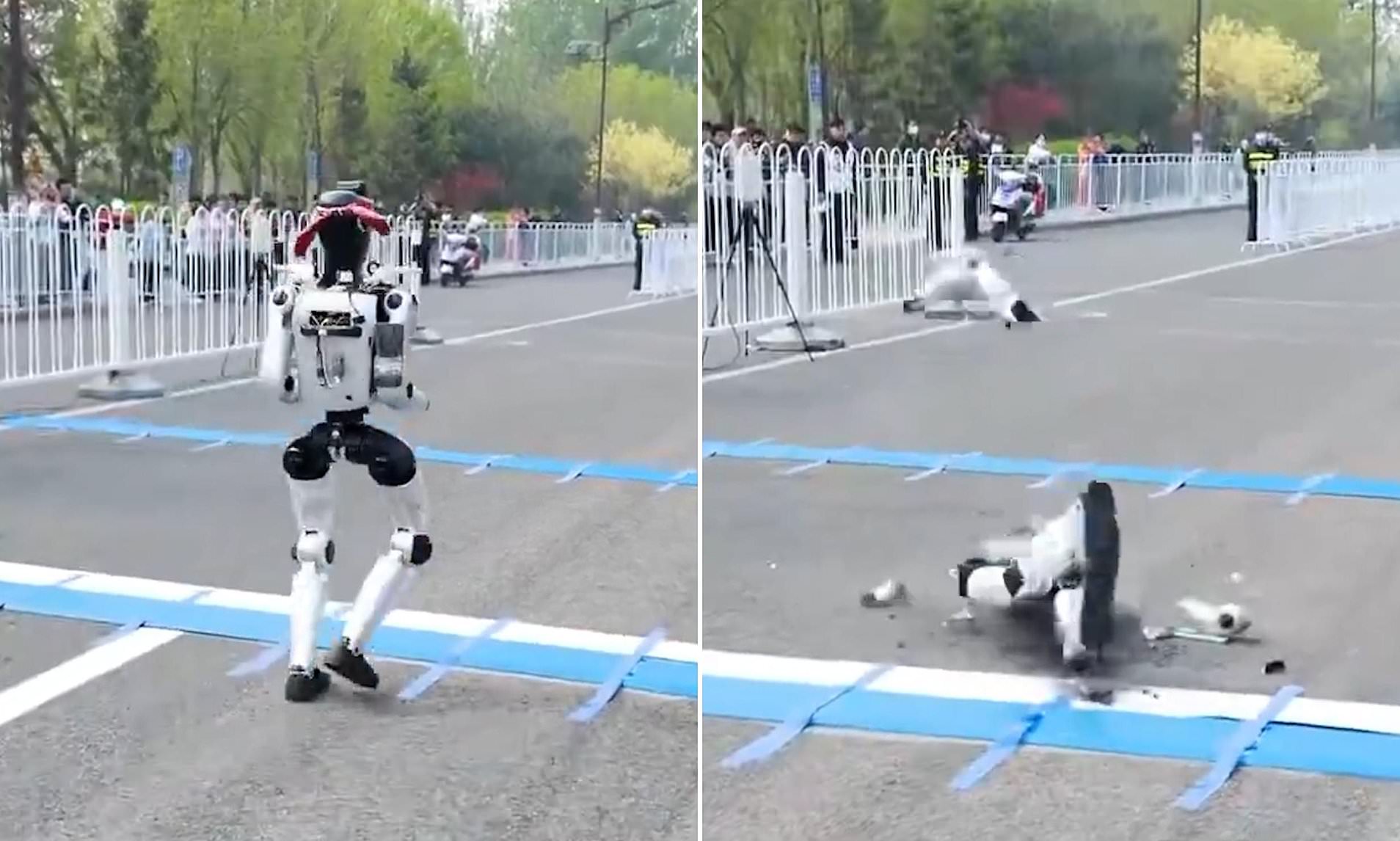 Hilarious moment robot smashes into pieces after tripping during ...