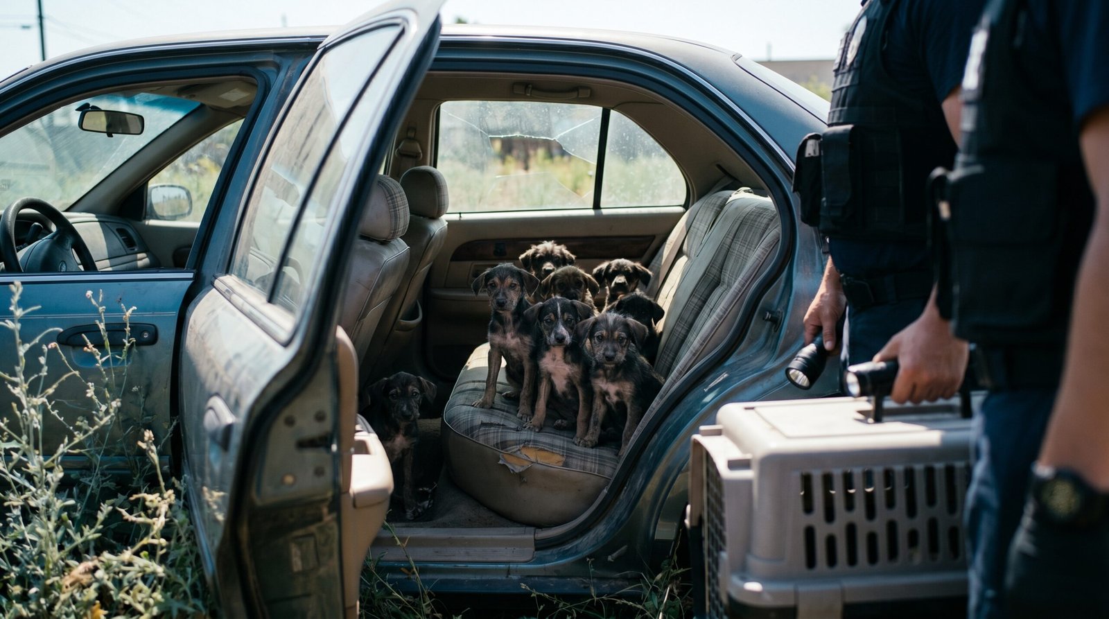 Rescuers open abandoned car and see super skinny puppies staring at them!