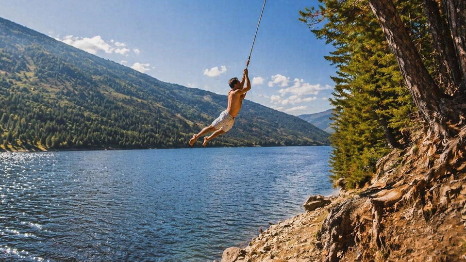 50 foot rope swing shows high jump into lake