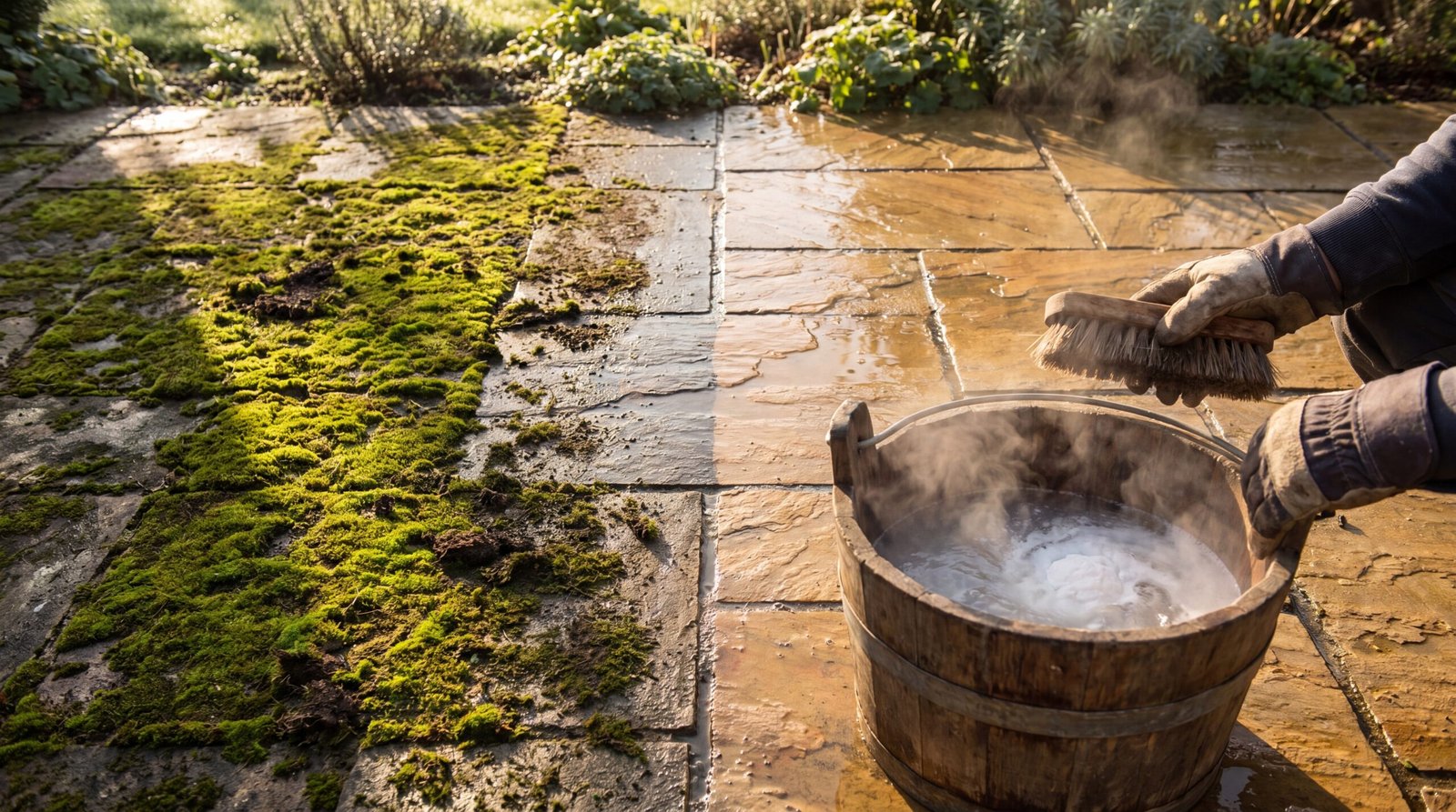 Cheap 50p bucket mix that blitzes moss from patios in minutes