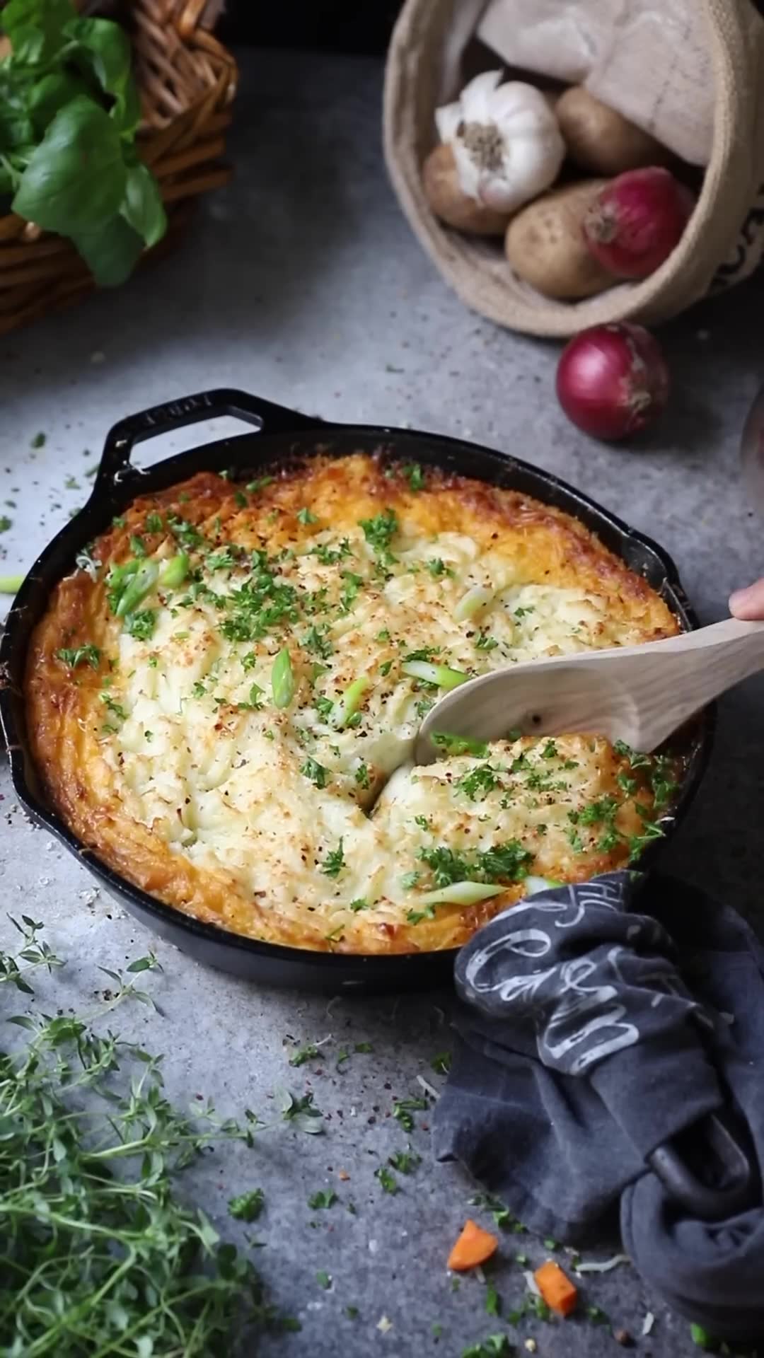 Winter comfort menu: herb flatbread and ground meat bake