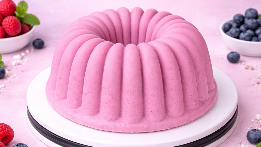 Smooth pink jelly cake with classic mold shape
