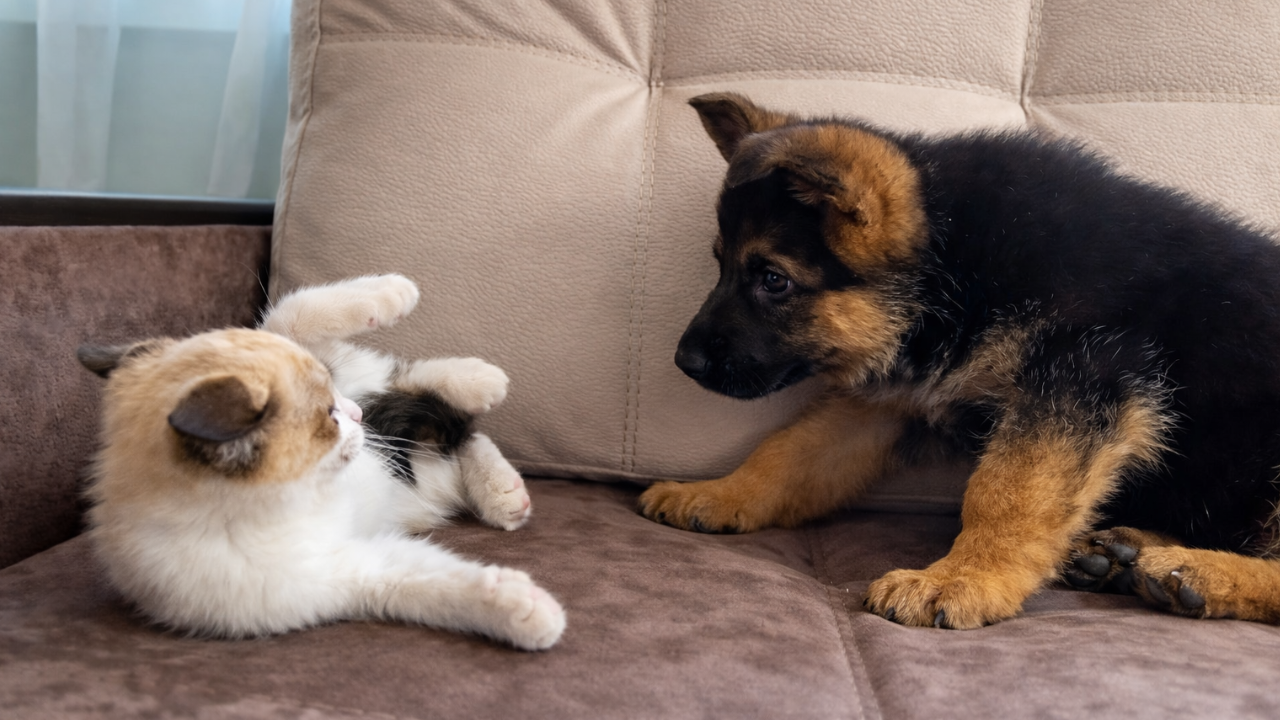 German shepherd puppy plays with kitten funny moments