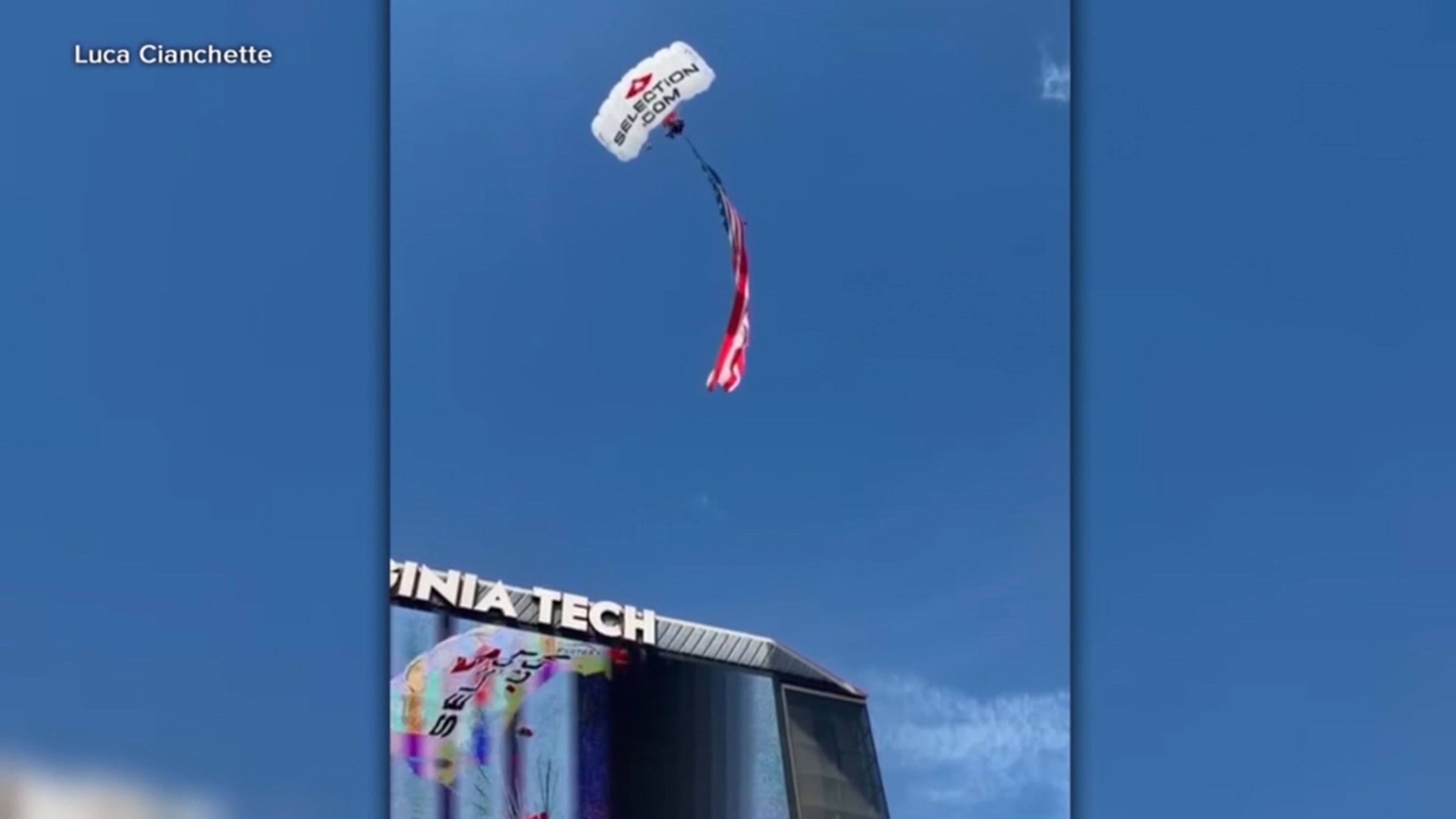 Skydiver speaks out after crashing into scoreboard at college football game