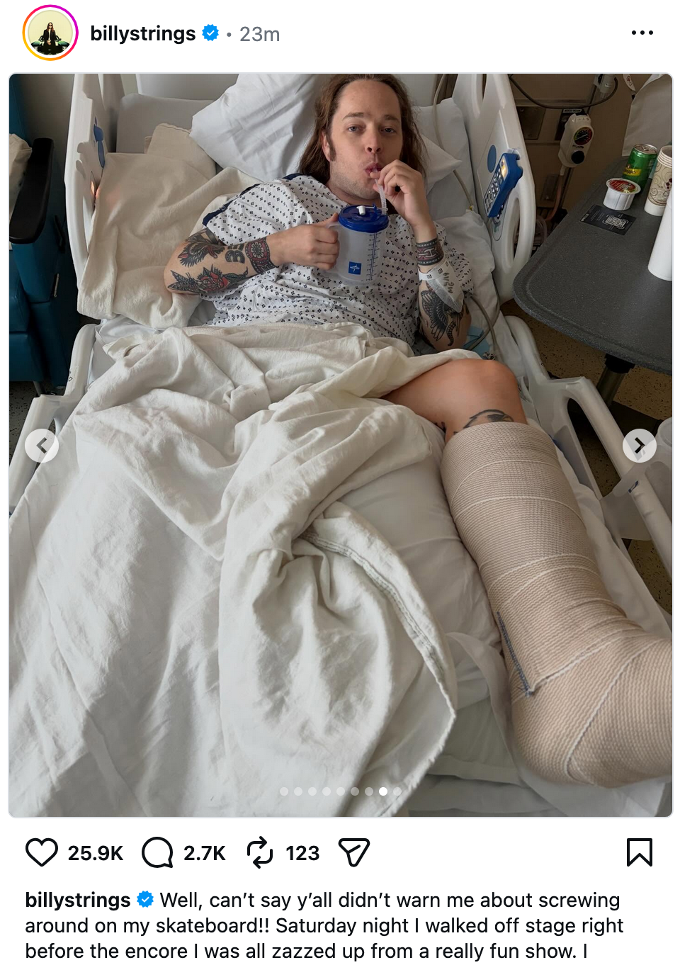 Michigan's Billy Strings shares photos from hospital after breaking leg