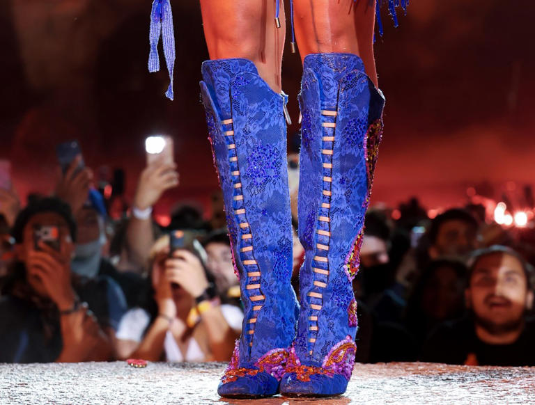 Karol G wears custom Reebok sneaker boots for Coachella weekend two