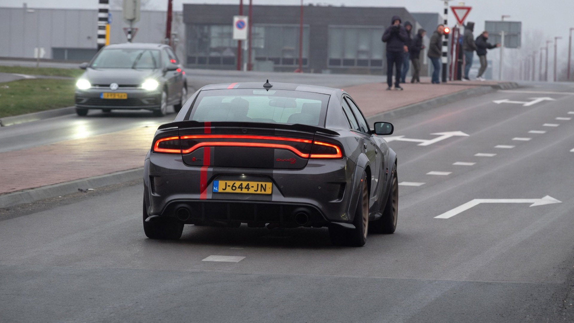 Widebody Dodge Charger hard acceleration on city street