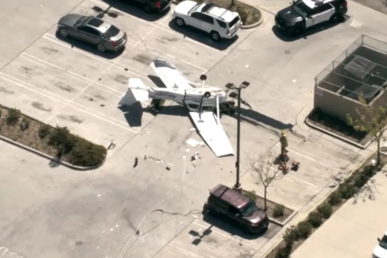 Small plane crashes in Pacoima, California parking lot, damages power lines