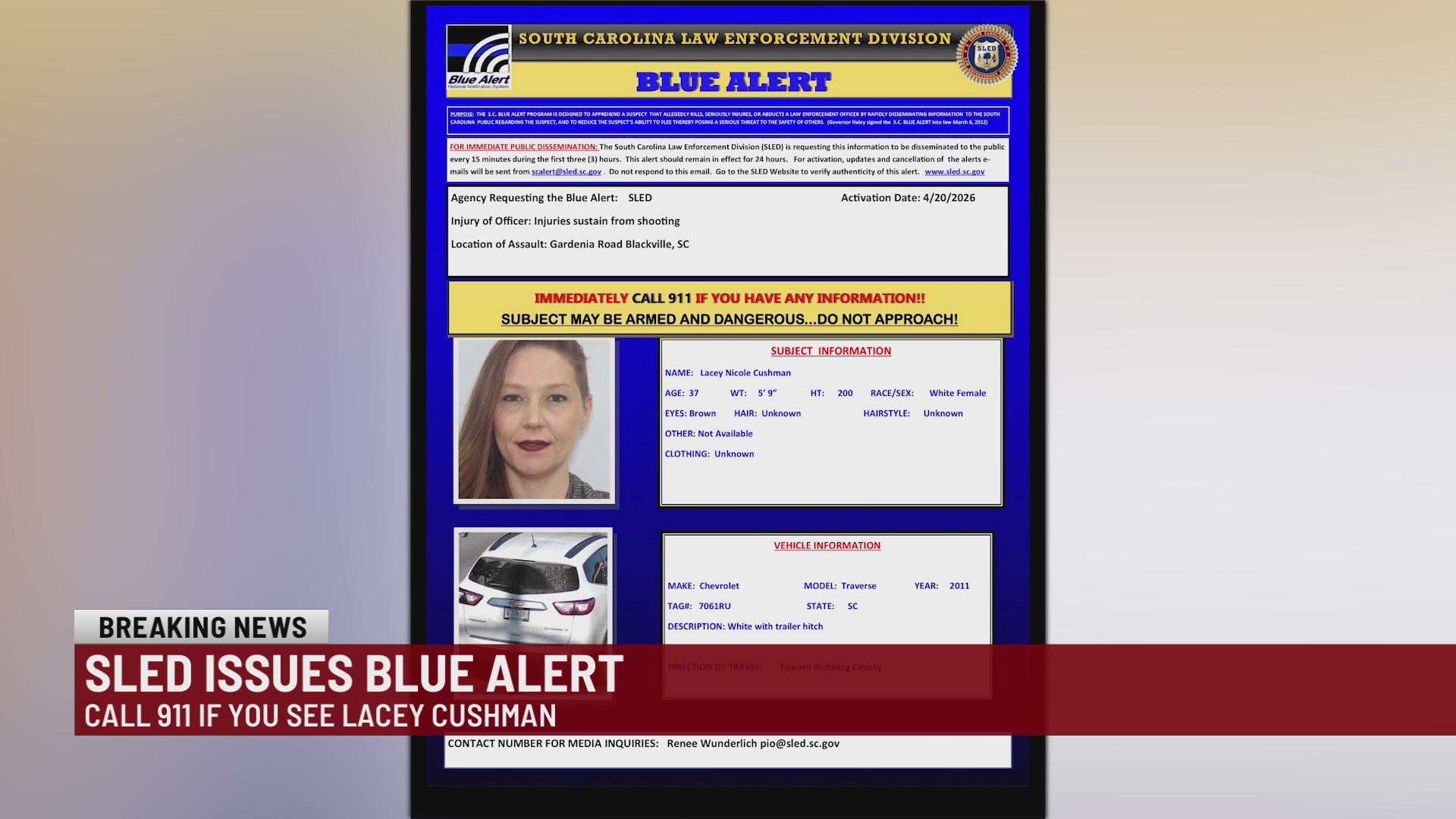 Possibly armed, dangerous woman may be headed toward Bamberg County: SLED